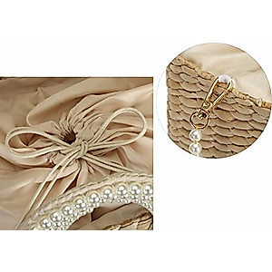 FUSMIC Women's Handbag Straw Handmade Artificial Pearl Rattan Weave Tote Shoulder Bag Beige