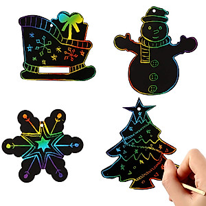 ACEHOOD 48 Sets Christmas Rainbow Scratch Paper Ornaments Kids Art Craft DIY Xmas Ornaments Christmas Party Decorations for Kids