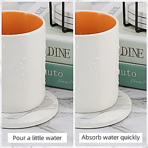 BUYAOBL Absorbent Coasters with Holder, Absorbent Coasters Set 6 Pcs, White Marble Ceramic Agate Drink Coaster Cork Base Cup Coaster for Coffee Table, Housewarming Gift for Women, 4 Inches