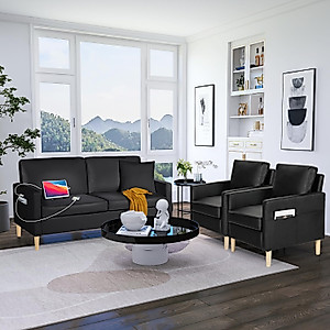 TYBOATLE Modern PU Leather Living Room Furniture 2 Pieces Sectional Sofa Couches Sets, Loveseat w/ 2 USB Charging Ports and Comfy Accent Arm Chairs for Small Space, Apartment, Office, Studio (Black)