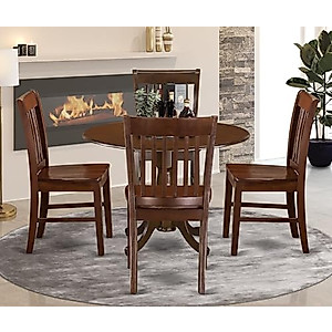 East West Furniture DLNO5-MAH-W 5 Piece Dining Room Table Set Includes a Round Dining Table with Dropleaf and 4 Wood Seat Chairs, 42x42 Inch, Mahogany