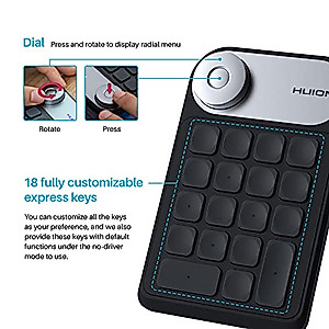 HUION Mini KeyDial KD100 Wireless Express Key Remote Control Shortcut Keyboard with Dial 18 Customized Express Keys for Graphics Drawing Tablet, PC, Mac, Laptop, Surface Pro