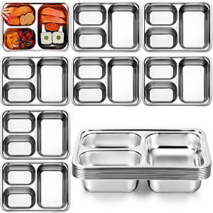 Zopeal 8 Pack 304 Stainless Steel Divided Plates Tray Rectangular Metal Dinner Section Plates for Adults Kids Food Portion Control Camping Lunch(3 Compartment Style)