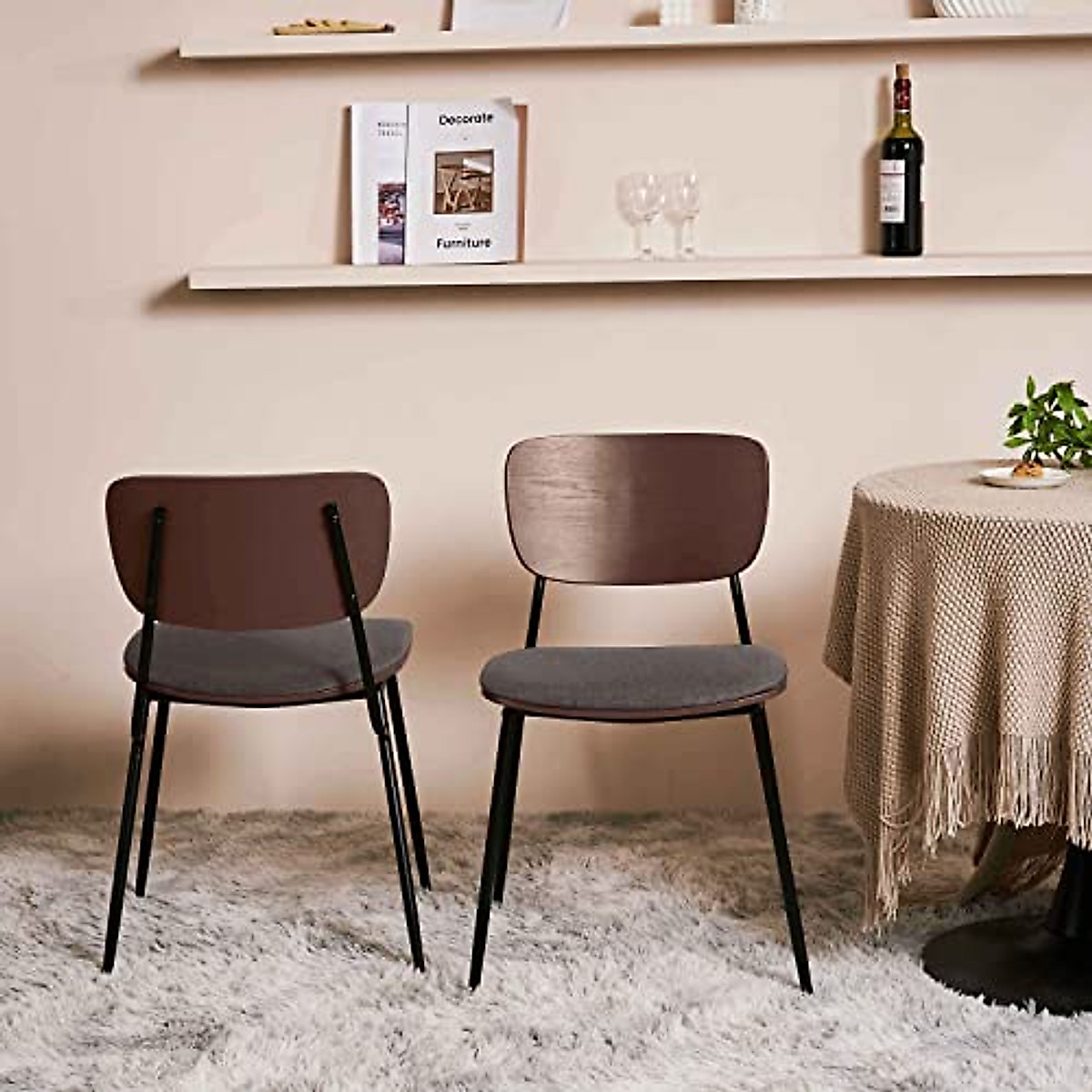 ESSIZOLE Dining Chair, Modern Linen Kitchen Dining Room Chairs Set of 2, Side Chair with Wood Back, Upholstered Armless Chairs with Metal Legs for Dining Room, Bedroom（Matte D-Brown+Grey）