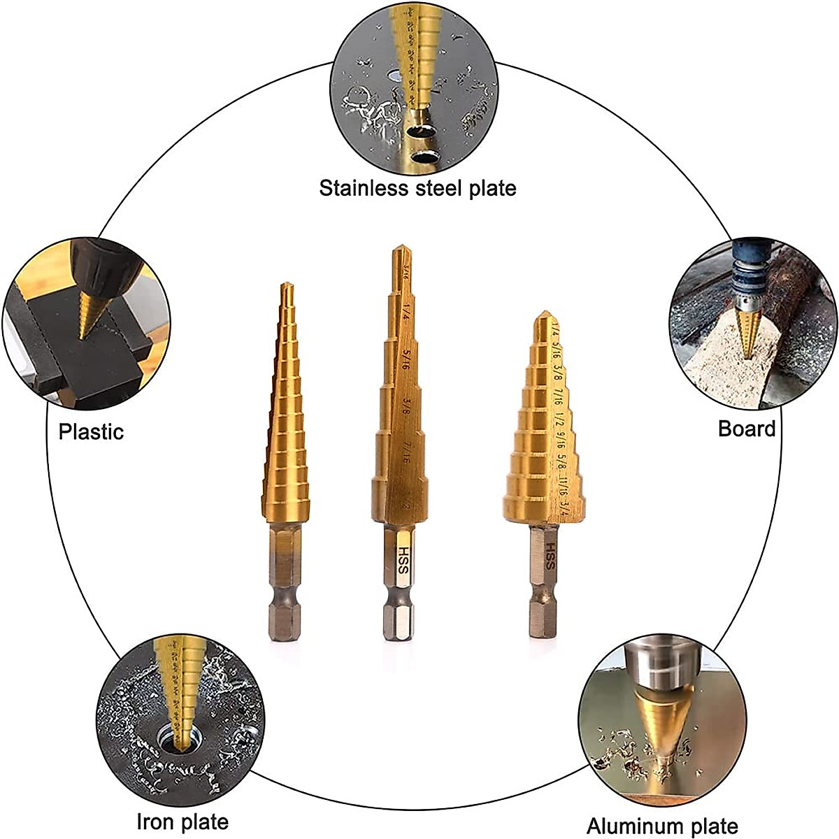 Sinoprotools Step Drill Bit & Automatic Center Punch,3pcs HSS Titanium Step Drill Bit Set, Quick Change 1/4" Shank Step Bit,Unibit Step Bits for Plastic, Wood, Sheet Metal Hole Drilling