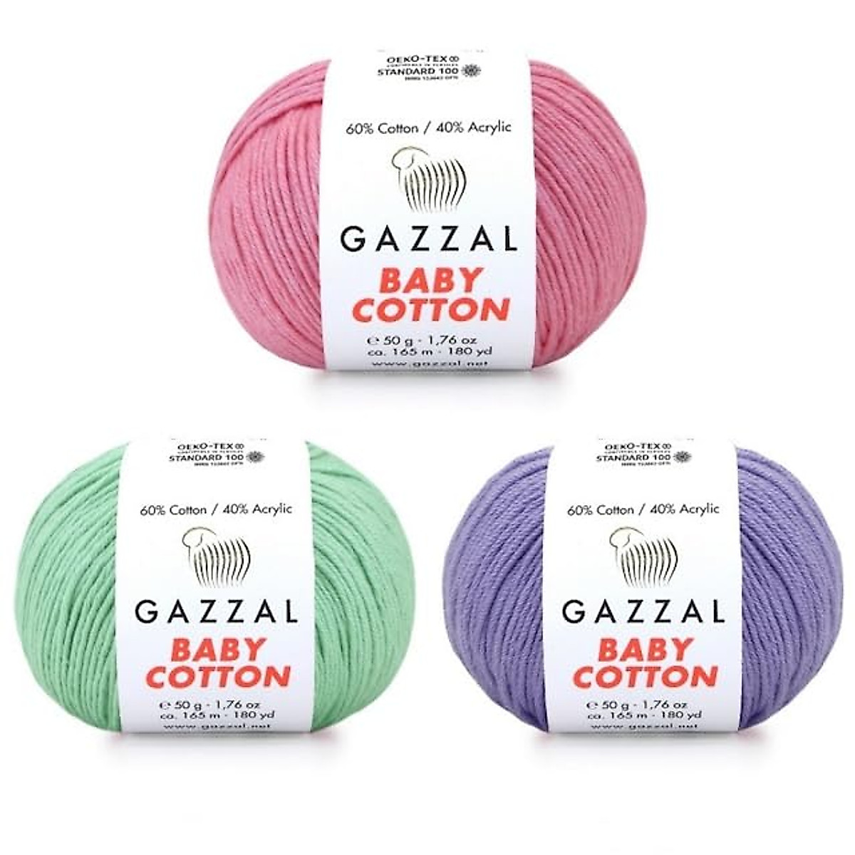 3 Pack (Skein) Gazzal Baby Cotton, 60% Cotton 40% Acrylic, Each Ball 1.76 Oz (50g) / 180 Yards (165m), DK- Worsted, Knitting Yarn, Amigurumi Yarn, Baby Yarn, 3432