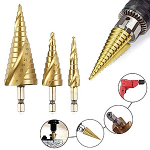 3Pcs HSS Step Drill Bit Set, 1/4" Hex Shank Spiral Groove High Speed Steel Titanium Coated Cone Hole Cutter Bit for Drilling Plate Aluminum Metal Wood Hole (4-12mm/4-20mm/4-32mm)