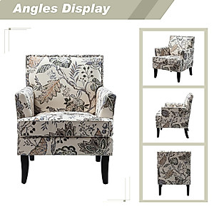 HULALA HOME Modern Accent Chair with Arms and Wooden Legs, Floral Patterned Accent Chair Armchair High Back Rest, Padded Armrest and Comfortable Cushioned Seat for Living Room (Orange Grey Floral)