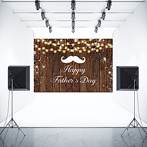 Aperturee 7x5ft Happy Father's Day Backdrop Cute Beards Glitter Goden and White Lights Rustic Wood Photography Background Thanks Daddy Backgrounds Party Decoration Prom Studio Pictures Shoot Props