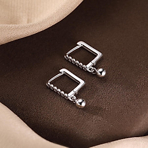 SLUYNZ 925 Sterling Silver U Hoop Earrings for Women Square Hoop Earrings Minimalist Chain Earrings Small Ball Dangly Hoop Earrings (A-Silver)