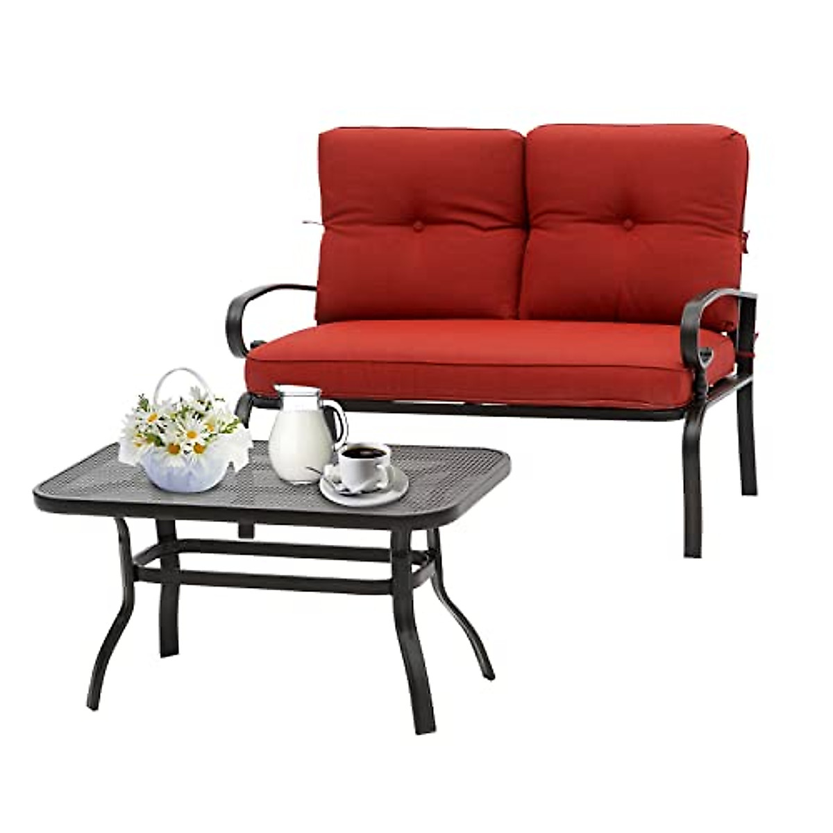 Incbruce Patio Loveseat with Coffee Table - Outdoor Bench with Cushion,2 Piece Wrought Iron Outdoor Loveseat Metal Frame Porch Furniture Set Bench for Patio, Poolside, Garden (Red)