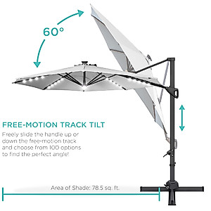 Best Choice Products 10ft Solar LED Cantilever Patio Umbrella, 360-Degree Rotation Hanging Offset Market Outdoor Sun Shade for Backyard, Deck, Poolside w/Lights, Easy Tilt, Cross Base - Fog Gray
