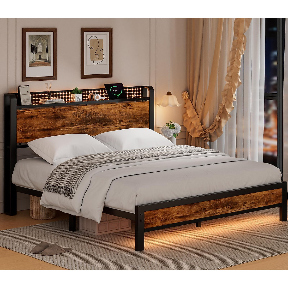 Furnulem Bed Frame Queen Size with Light,Industrial Storage Headboard with Power Outlet and USB Port,Wood Platform Queen Bed with Strong Metal Support,No Box Spring Needed,Silent