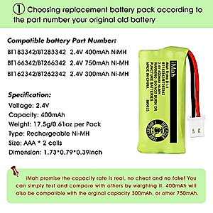 iMah BT183342/BT283342 2.4V 400mAh Ni-MH Battery Compatible with AT&T CL82207 EL52100 EL50003 VTech CS6709 CS6609 CS6409 BL102-3 Handset Replace Battery BT166342 BT266342 BT162342 BT262342, 2-Pack