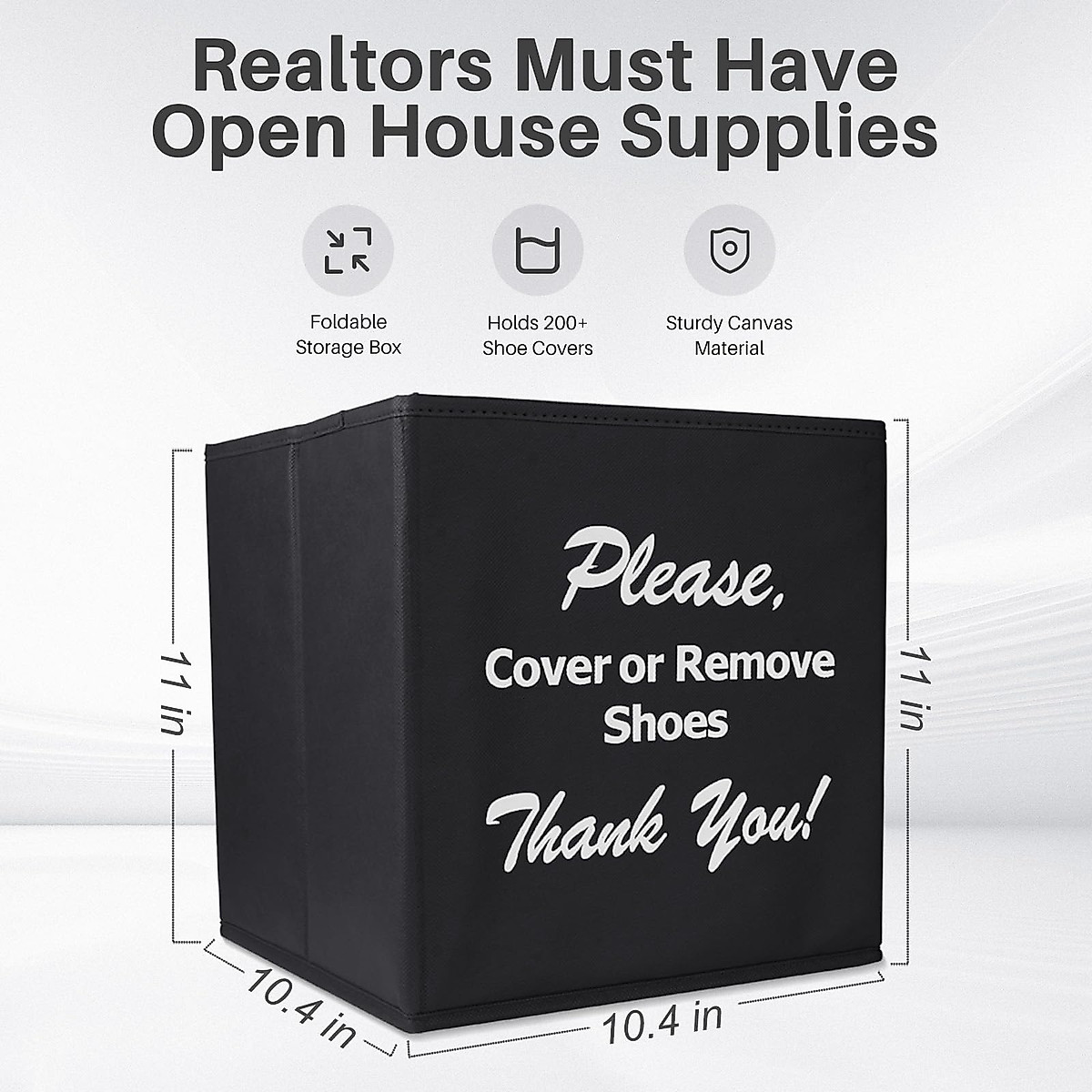 Opret Large Shoe Cover Box Black, Real Estate Agent Supplies, Disposable Shoe Cover Dispenser Box for Open House, Please Cover or Remove Shoes, Foldable Storage Bin for Shoe Bootie