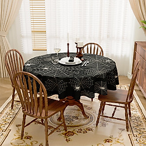 AUSHENKE Halloween Polyester Tablecloth Fabric Round Black Spider Web Tablecloth Halloween Round Washable Table Cover for Halloween Dinning Table Decorations, 55 Inch