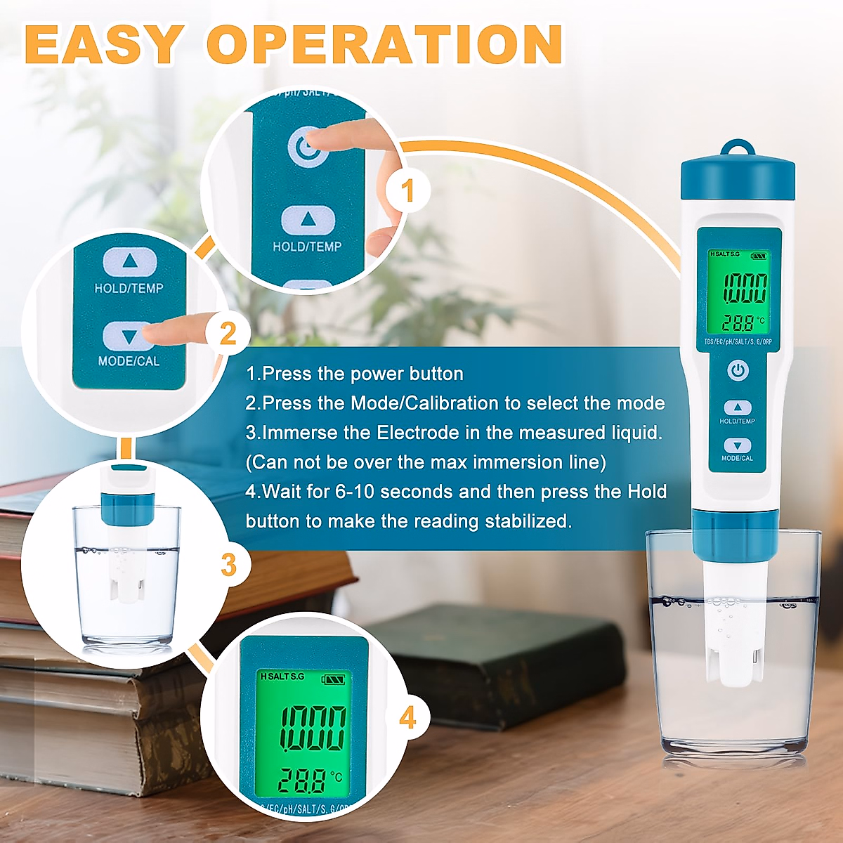 Consfly PH Meter TDS Meter 8 in 1 Water Quality Tester PH/TDS/EC/ORP/S G/Salinity/ H2/ Temp Meter, Used for Drinking Water, Pools, Hydroponics, Sea Water, Liquid Fertilizer