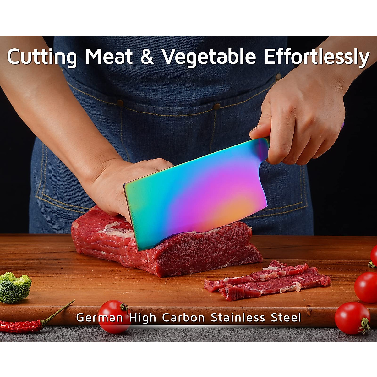 WELLSTAR Rainbow Meat Cleaver, 7 inch Iridescent Chinese Meat Vegetable Butcher Knife, Super Sharp German High Carbon Stainless Steel Chef’s Kitchen Knife with Ergonomic Handle for Home Restaurant