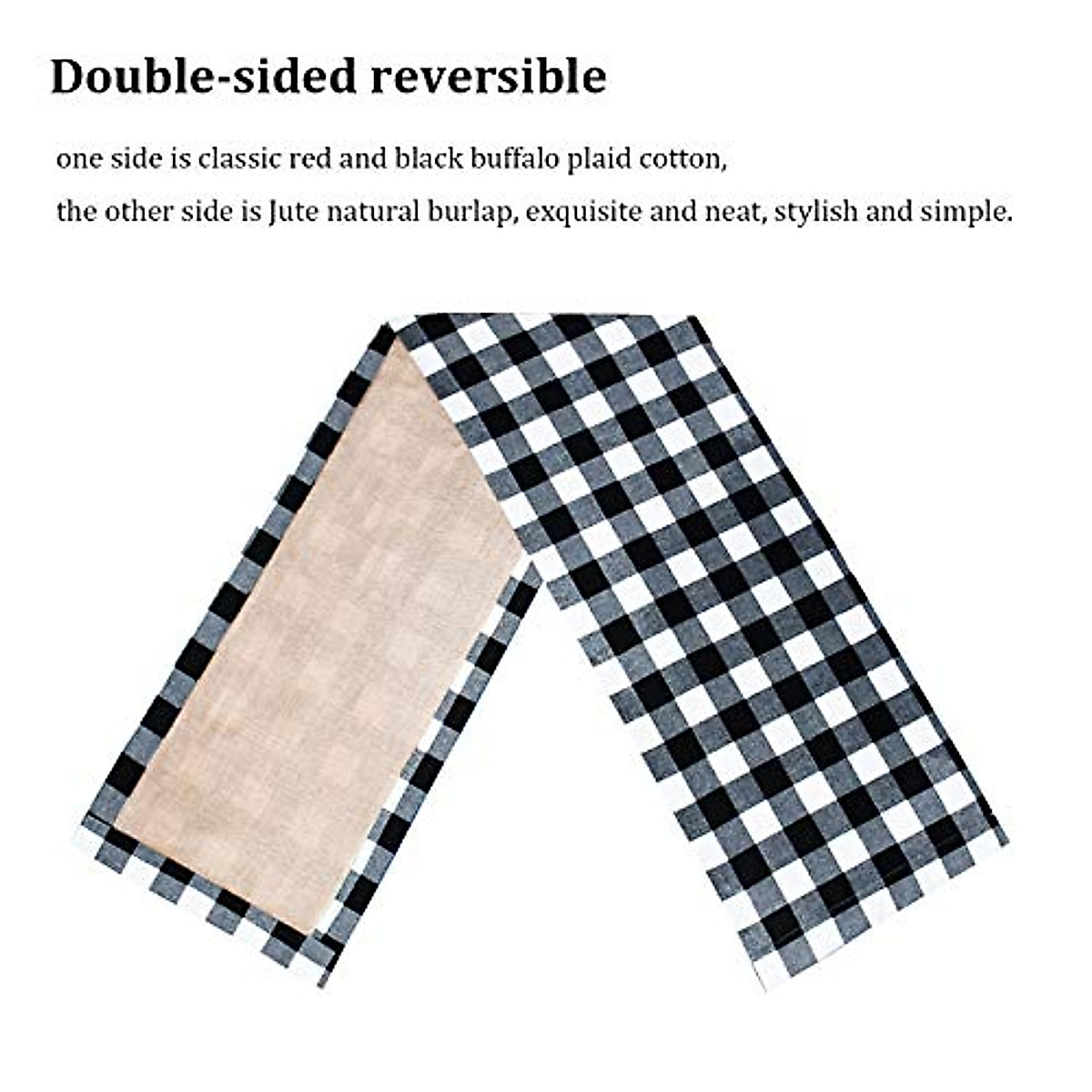 Senneny Christmas Table Runner Burlap & Cotton Black White Plaid Reversible Buffalo Check Table Runner for Christmas Holiday Birthday Party Table Home Decoration, 14 x 72 Inch