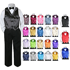 4pc Baby Toddler Kid Boy Party Suit Black Pants Shirt Vest Bow tie Set Sm-4T (4T, Fuchsia)