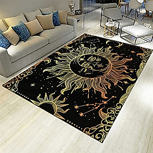 LGGQQW Sun and Moon Area Rug Psychedelic Gold and Black Rug Popular Mystic Carpet for Home Decor