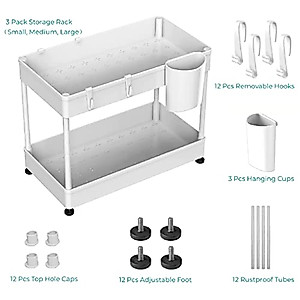 Lovelyduo 3 Pack Under Sink Organizer and Storage, 2 Tier Kitchen Bathroom Undersink Organizers with Hooks, Hanging Cups, Multi-purpose Sink Storage Cabinet White