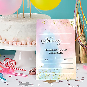UDNADKEX Watercolor Birthday Invitations with Envelopes, Invites for Girls Birthday Party Watercolor, Colorful Birthday Party Invite Cards, 4"x6" Set of 20, Ombre Pastel