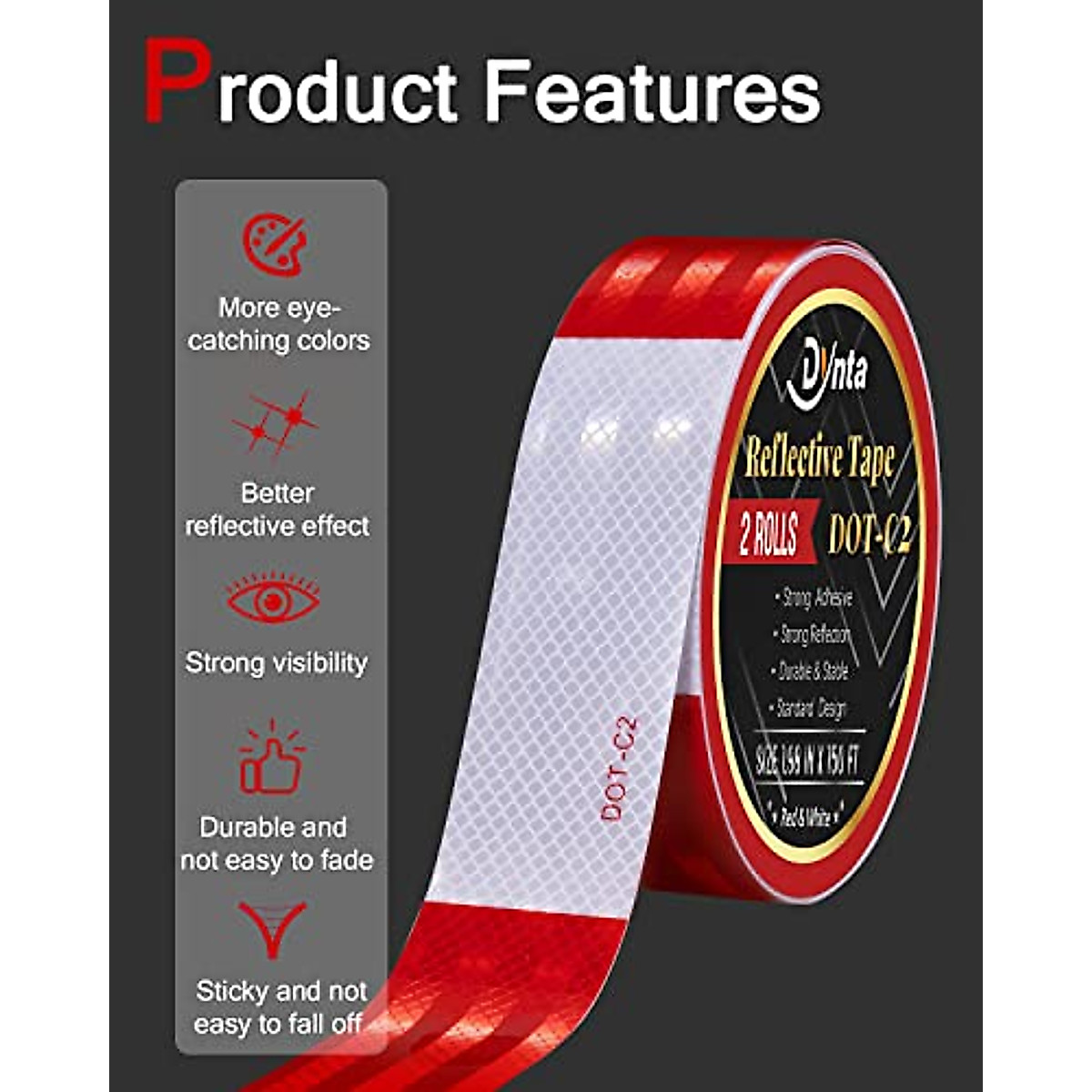 Dynta Reflective Tape Dot 2Inch x 300Feet Reflector DOT-C2 Safety Waterproof Adhesive Conspicuity Red and White Tape for Trailer, Trucks, Cars,Yachting,Outdoor 2 Rolls (2Inch x 150Feet)