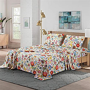MEISHANG California King Size Sheet Set Floral Printed Sheets Ultra Soft 100% Microfiber - 16 Inch Deep Pocket Breathable Comfortable Printed Bed Sheet Set - 4 Pieces Spring Flower Cal King
