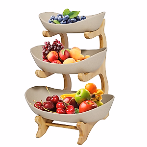 OCASAMI 3 Tier Fruit Bowl for Kitchen Counter, Brown Ceramic Fruit Basket for Kitchen, Oval Fruit Bowl Set with Bamboo Wood Holder, Serving Bowls Fruit Tray Snacks Nuts Bread Candy Storage