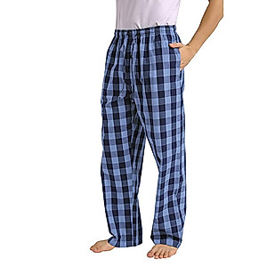 Mens Plaid Flannel Pajama Pants Comfy Sleep Lounge PJ Bottoms with Pockets Cotton Linen Elastic Waistband Wide Leg Long John Blue