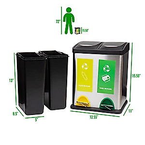 Mind Reader 2-Section Stainless Steel Recycle Bin 24 Liter/ 6.5 Gallon, Metal Recycling Bin