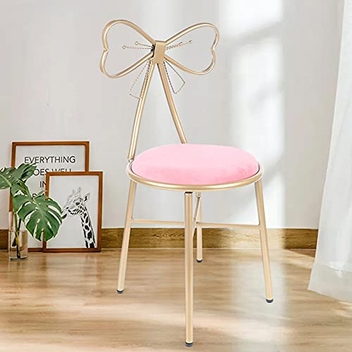 Gdrasuya10 82cm Soft Pink Velvet Cushion Butterfly Bow Tie Chairs Metal Frame Lounge Dresser Seats with Butterfly Backrest for Kitchen Dining Coffee Restaurant Bedroom Home Gold (A-Dark Pink)