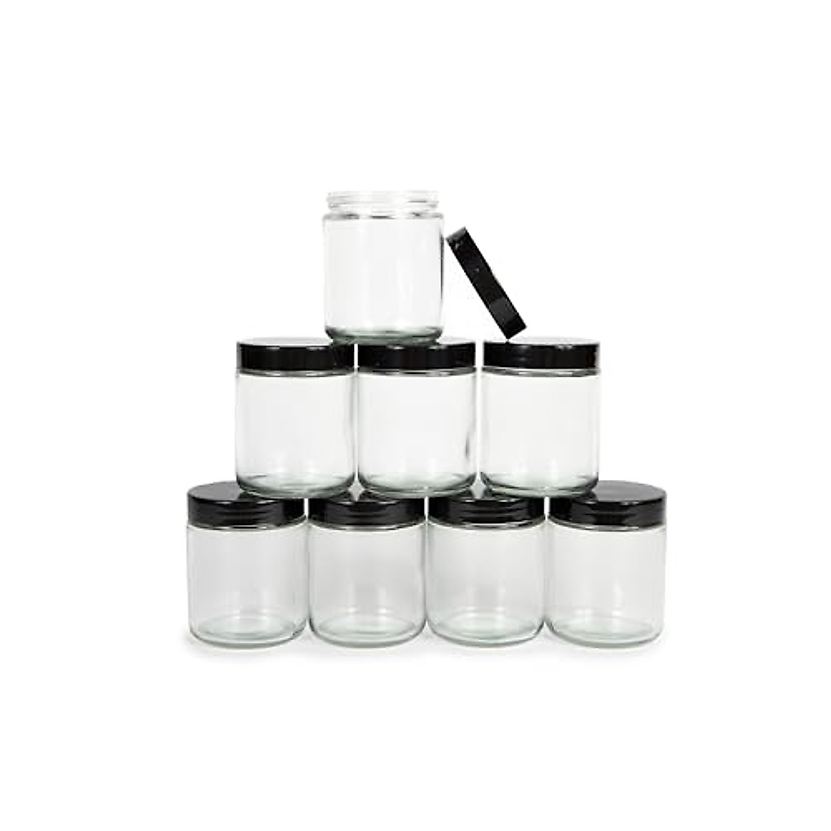 Vivaplex, Clear, 8 ounce, Round Glass Jars, with Black Lids - 8 pack