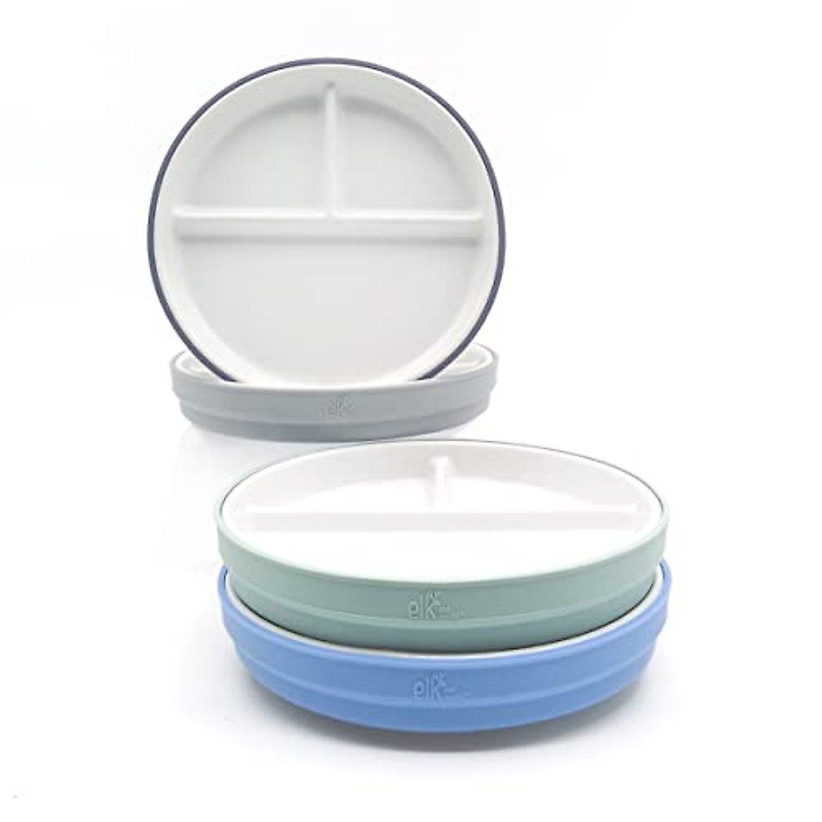 Elk and Friends 6.7&quot; Kids Porcelain White Plates with Silicone Sleeves | Divided Plates | Suitable for Kids/Toddlers | Microwave &amp; Dishwasher Safe | Non Slip | Snack Dishes
