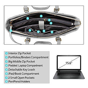 LOVEVOOK Laptop Bag for Women, Structured Leather Computer Bag, Professional Work Tote Purse, Teacher/Attorney’s Choice, Light-Grey