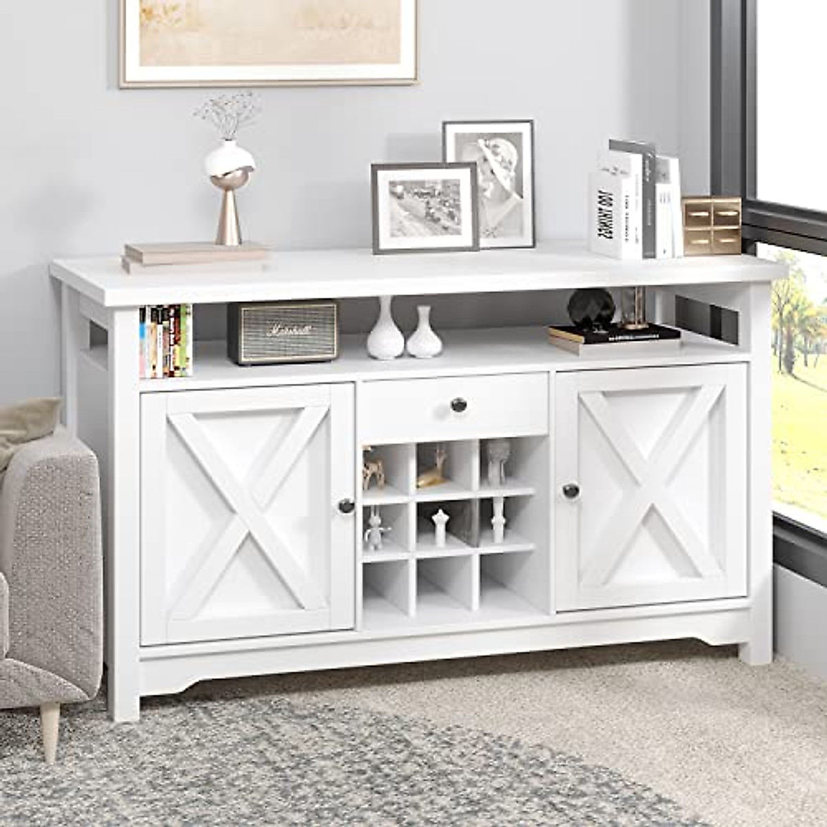 Modern Coffee Bar Cabinet, 47” Storage Cabinet Sideboard Buffet Barn Door Drawer Open Shelf for Kitchen, Dining/ Living Room 47" x 16" x 32"(White)