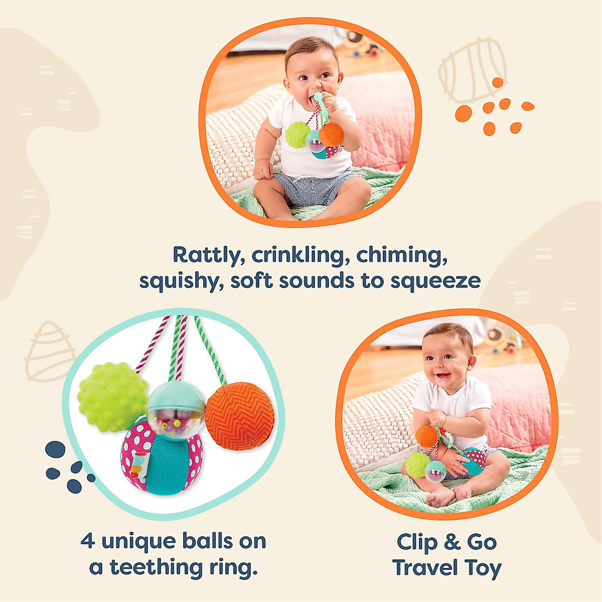 B. toys- B. baby- Sensory Baby Rattle – Baby Toy – 4 Balls & Clip – Colors, Textures & Sounds – Sounds So Squeezy- 3 Months +