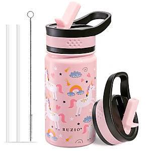 BUZIO Insulated Water Bottle for Kids, Modern Vacuum Insulated Hydro Bottle with 2 Straw Lids, 14oz Double Walled Wide Mouth Sports Drink Flask with Pink Unicorn Patterns, Simple Thermo Canteen Mug