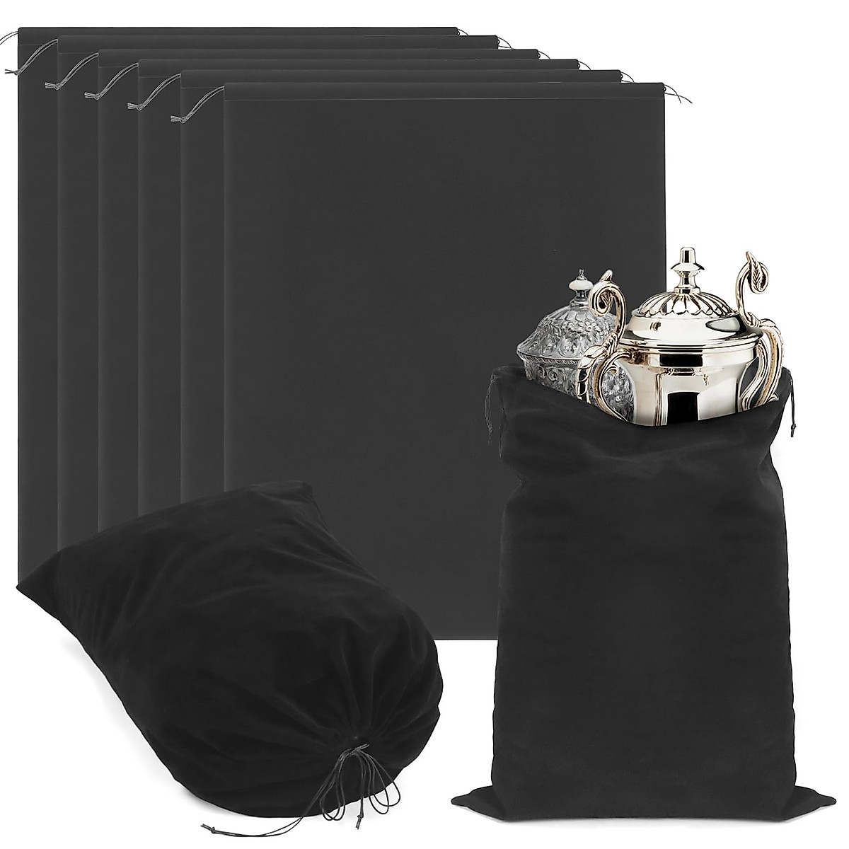 QWORK 6-Pack Large Black Anti-Tarnish Storage Bags - 24x32 inches Soft Flannel Cloth Pouches for Silverware, Jewelry Protection - Rust, Corrosion, Dust Prevention with Adjustable Drawstring