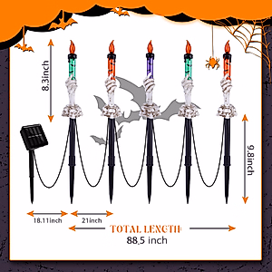 Solar Halloween Pathway Lights Outdoor 5 Pack Solar Halloween Stake Lights Skeleton Hands Hold Candle 2 Modes Halloween Decorations Halloween Walkway Lights for Halloween Garden, Yard, Lawn Decor