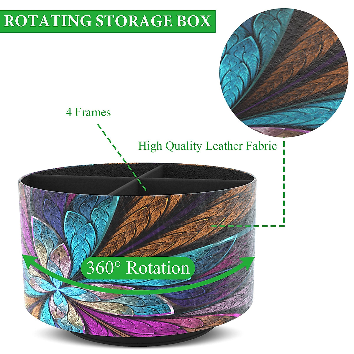 Hennaja Round Leather Art Supply Organizer,Remote Control Holder,360 Degree Rotating,Multi-Functional Pencil Holder,4 Compartments Desktop Stationary Organizer(1-Fractal Flower)