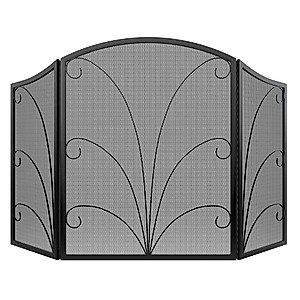 Kingson 3-Panel Arched Fireplace Screen Decorative, Handcrafted Scroll Wrought Iron Fireplace Spark Guard Cover - Black
