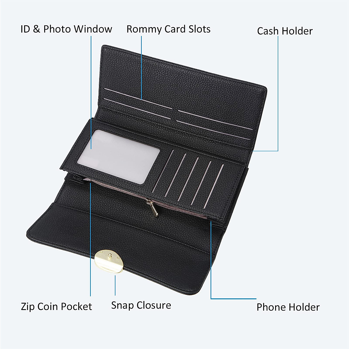 OYATON Clutch Wallets for Women, Soft Faux Leather Women Wallet with Phone Holder Zip Coin Pocket and Cute Leaf Shaped Snap Closure (Black)