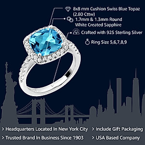 Gem Stone King 925 Sterling Silver Swiss Blue Topaz and White Created Sapphire Engagement Ring For Women (2.80 Cttw, Cushion Cut 8MM, Available in size 5, 6, 7, 8, 9)