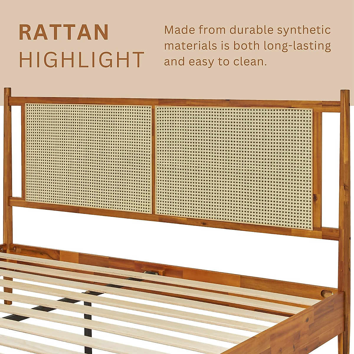 Bme Oliver King Bed Frame and Headboard - 15-Inch Signature Design with Rattan Headboard, Bohemian and Mid Century Style, 12-Slat Wood Support, No Box Spring Needed - Easy Assembly, Caramel