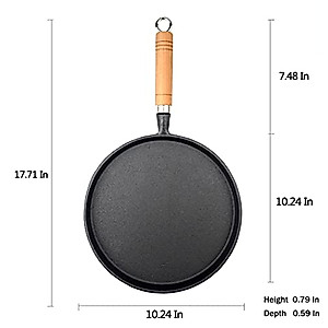 Uncoated Pizza Pan Cast Iron Round Griddle Healthy Thickened 10.24-Inch Pre-Seasoned Griddle Pan for Gass Stove with Wooden Helper Handle Pizza, Steak, Grill, Pancakes