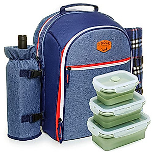 Frolk Picnic Backpack Set for 4 - Picnic Basket Backpack Kit with 4 Cutlery Sets, Cooler Compartment, Wine Holder, Picnic Blanket, 3 Food Storage Containers - Picnic Gift for Men and Women