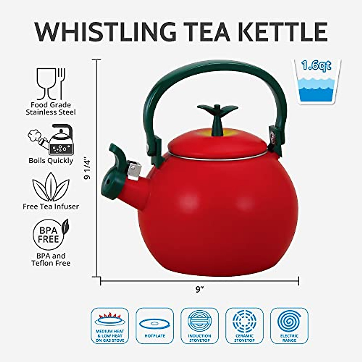 Whistling Tea Kettle for Stove Top Enamel on Steel Teakettle, Supreme Housewares Apple Design Teapot Water Kettle Cute Kitchen Accessories Teteras (1.6 Quart, Apple)