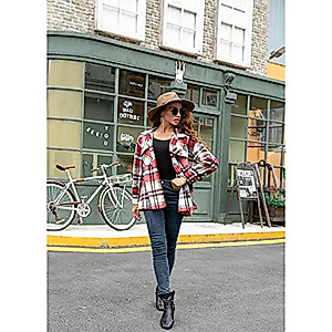Women Classic Flannel Plaid Jacket Button Down Boyfriend Long Sleeve Lapel Shirts Casual Blouses Tops (Red, Small)